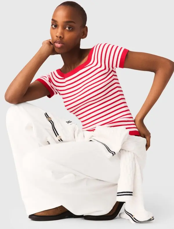 Maje Striped Rib Knit Top With Boat Neck