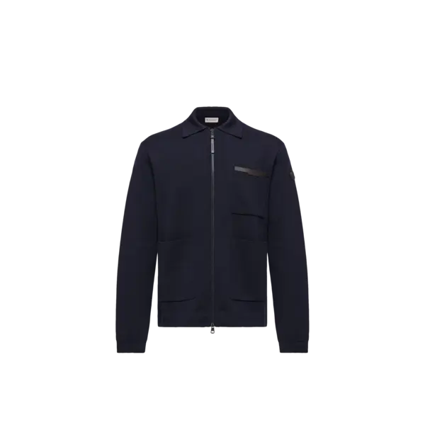 Moncler Leather Logo Wool Zip-up Cardigan - Blue