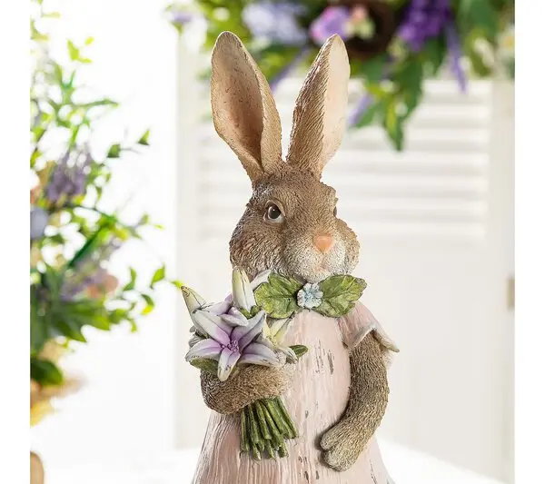 GLITZHOME Easter Resin Bunny Table Decor With F Lowers