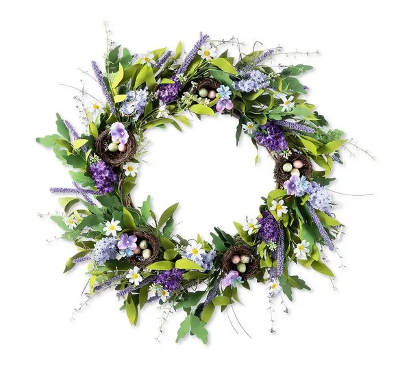 GLITZHOME 24'd Easter Lavender & Bird Nest Wrea Th - One-color