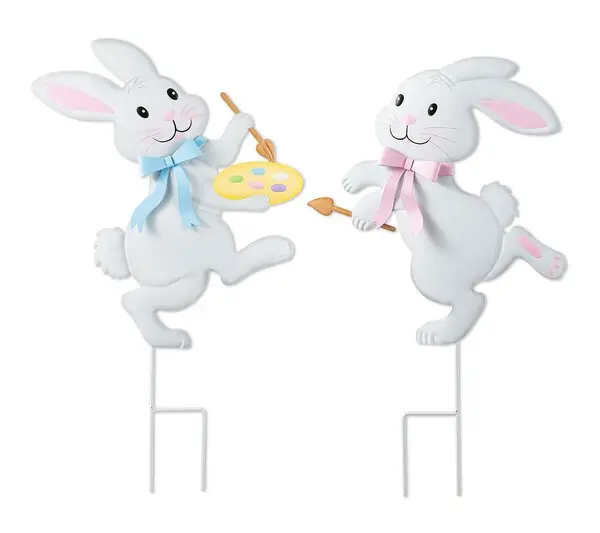 GLITZHOME S/2 Easter Metal Bunny Painter Garden Stake - One-color