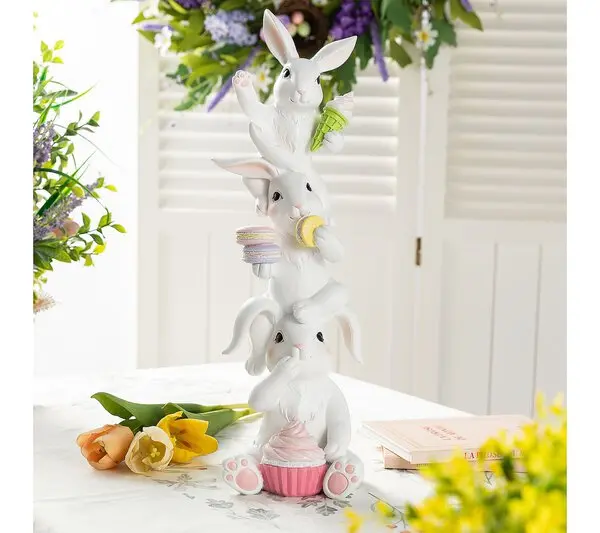 GLITZHOME 17.5'h Easter Stacked Bunny Macaron T Able Decor