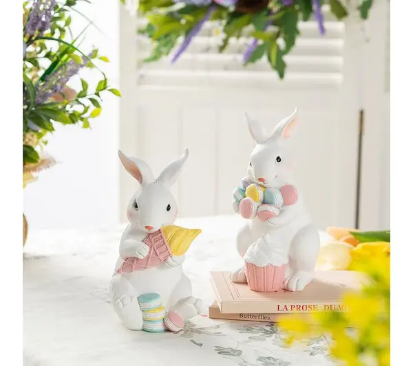 GLITZHOME S/2 Easter Resin Bunny Holding Macaro N Table Decor