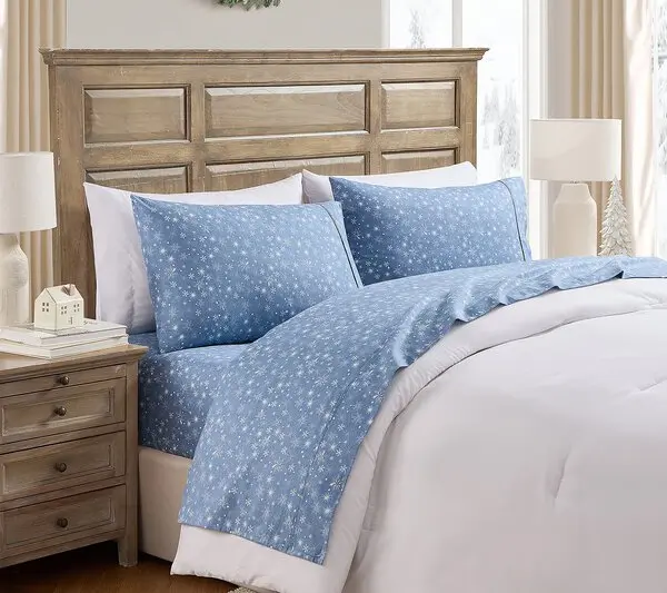 HALLMARK Snowflakes Cotton Flannel Bed Sheet Se T, Full - One-color