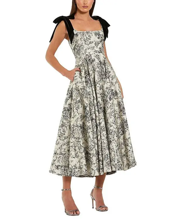 Mac Duggal Brocade A-line Midi Dress With Bow Straps