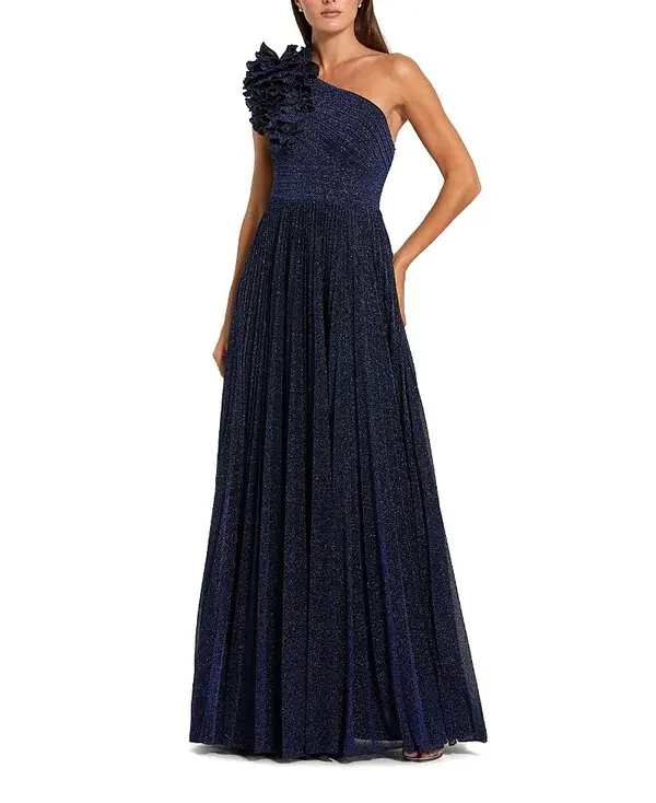 Mac Duggal Pleated Metallic One-shoulder Gown With Ruffle - Midnight