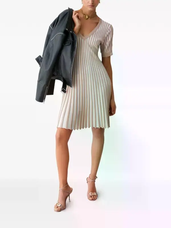 Liu Jo Striped Rib Knit V-neck Mini Dress - Neutrals