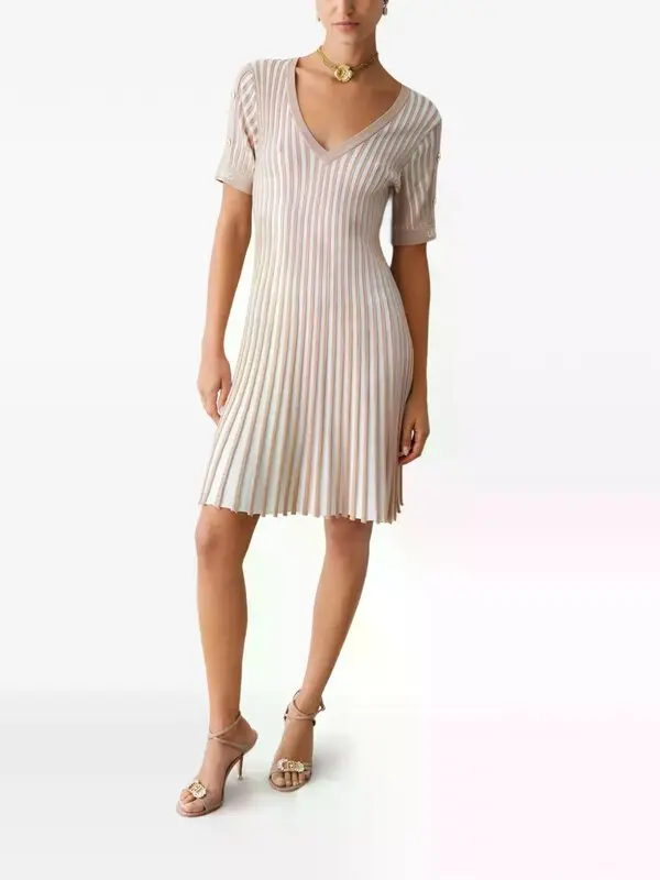 Liu Jo Striped Rib Knit V-neck Mini Dress - Neutrals