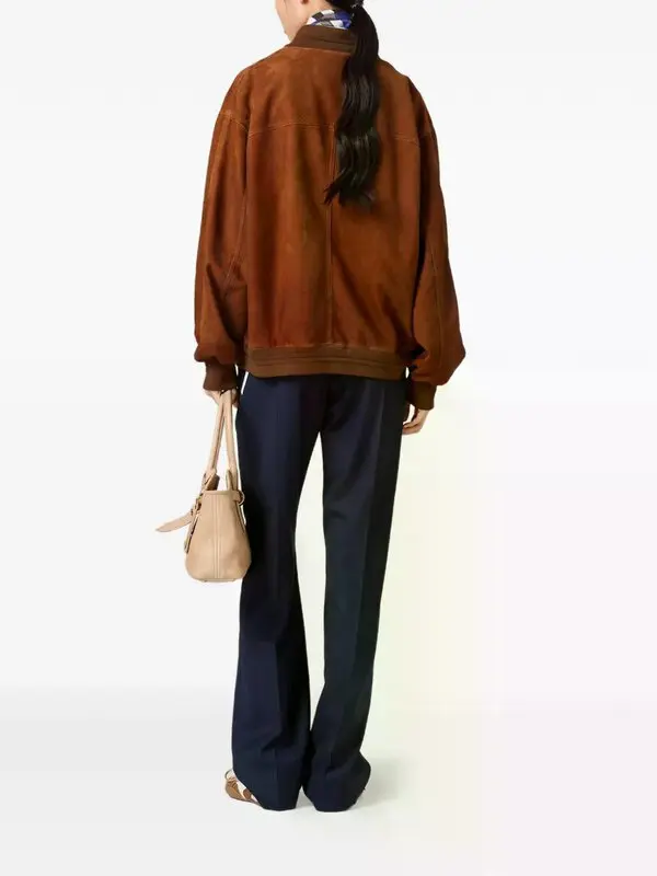 Miu Miu Suede Bomber Jacket With Embossed Logo - Brown