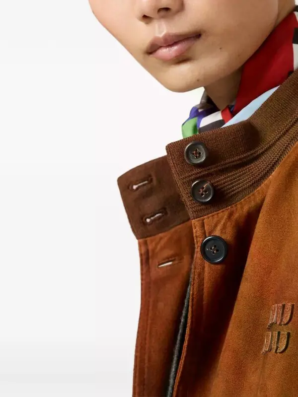 Miu Miu Suede Bomber Jacket With Embossed Logo - Brown