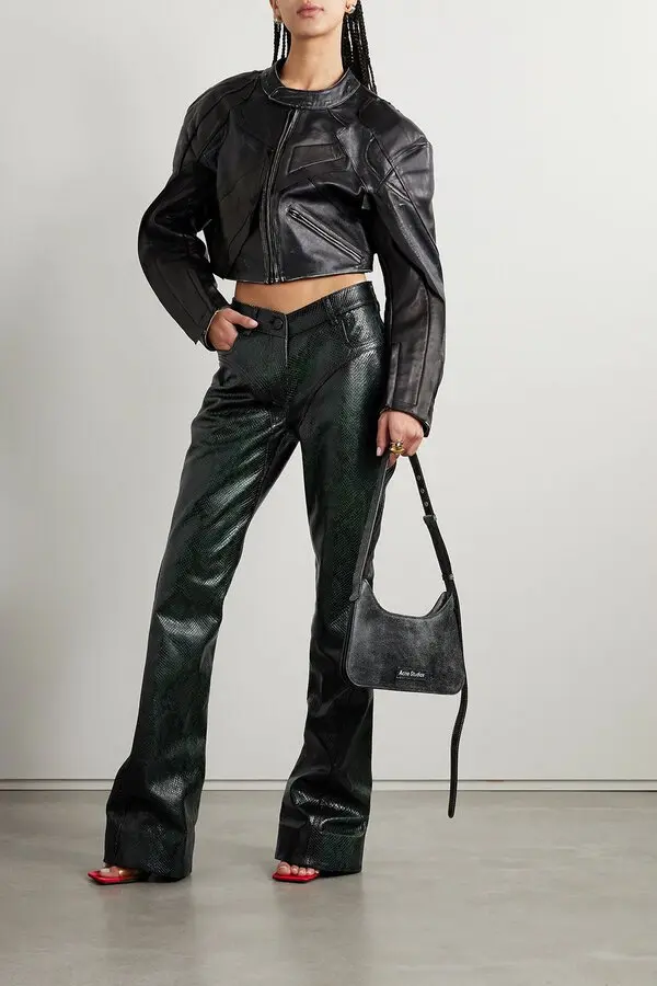 MUGLER Paneled Snake-effect Leather Flared Pants