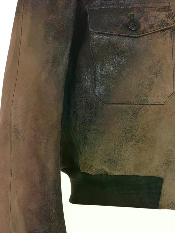 Miu Miu Distressed Leather Jacket With Embossed Logo - Brown