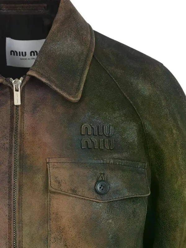 Miu Miu Distressed Leather Jacket With Embossed Logo - Brown