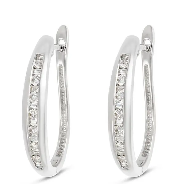 Benbridge Channel Set Baguette And Round Diamond Hoop Earrings - Wg