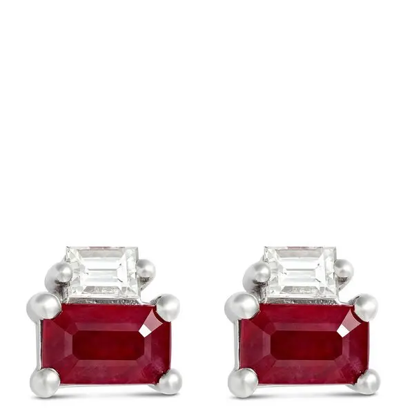 Benbridge Emerald Cut Ruby And Baguette Diamond Stud Earrings - Red