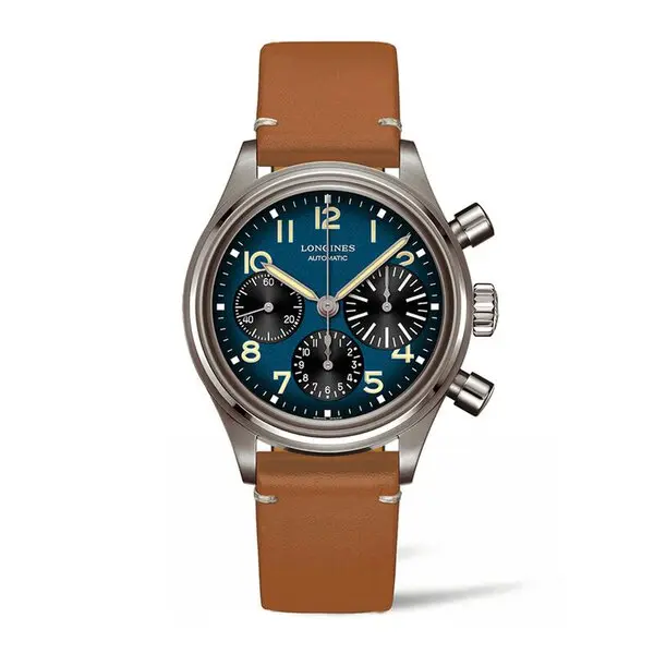 LONGINES Avigation Bigeye 41mm Blue Dial Leather Watch - Titanium