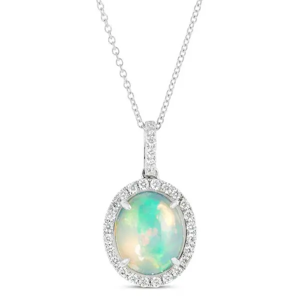 Benbridge Oval Cut Opal And Diamond Pendant Necklace In 14k White Gold - Wg