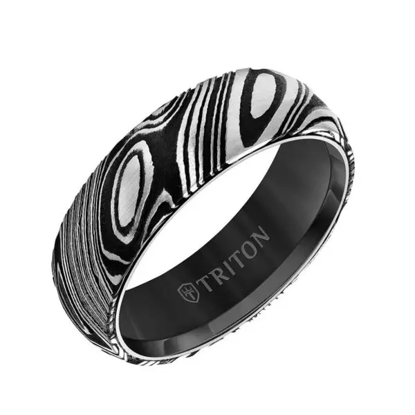 TRITON Contemporary Comfort Fit Band In Black And Damascus Steel - Tungsten