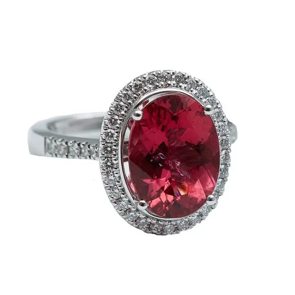 Benbridge Rubellite And Diamond Halo Ring In 14k White Gold - Red