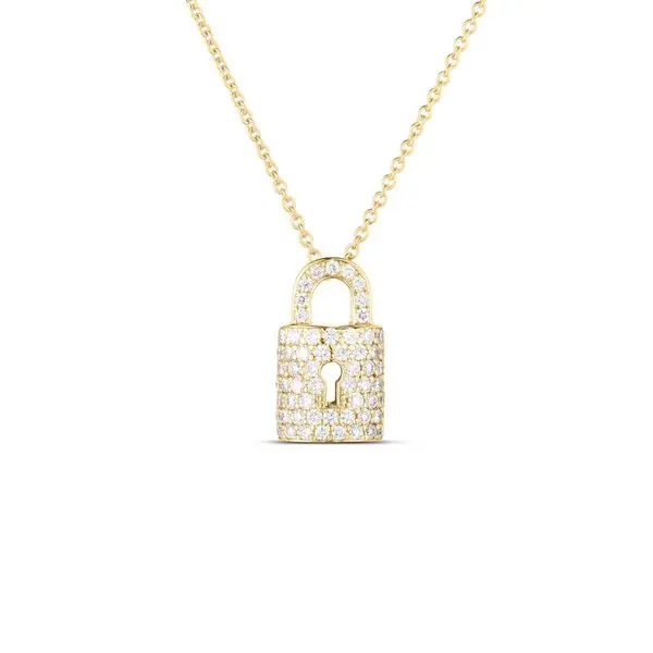 Roberto Coin Tiny Treasures Diamond Lock Pendant Necklace - Yg