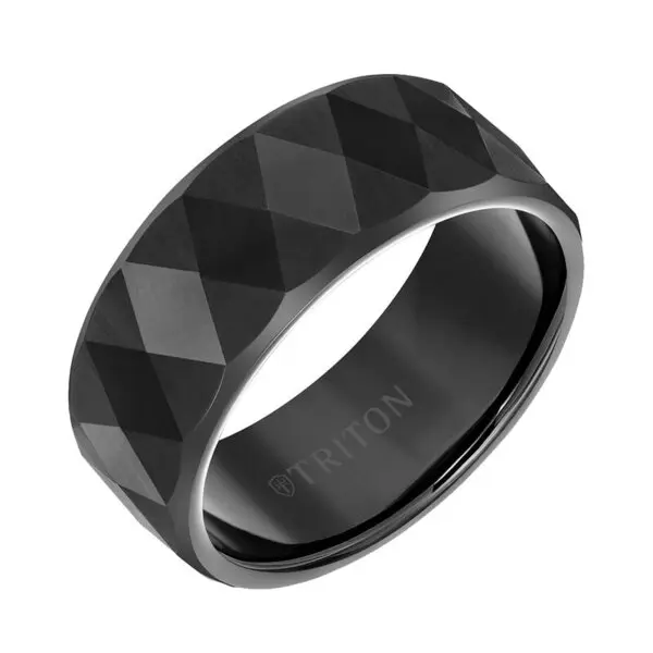 TRITON Faceted Diamond Center Wedding Band, 9mm - Tungsten