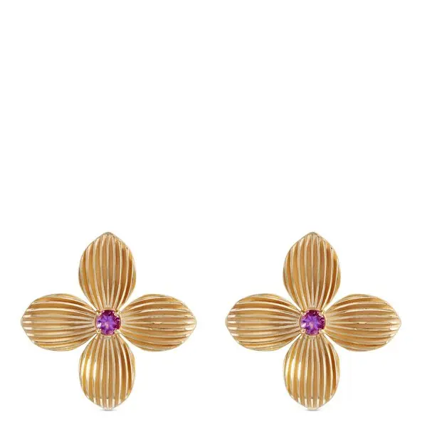 TOSCANO Flower-shaped Amethyst Earrings In 14k Yellow Gold - Purple