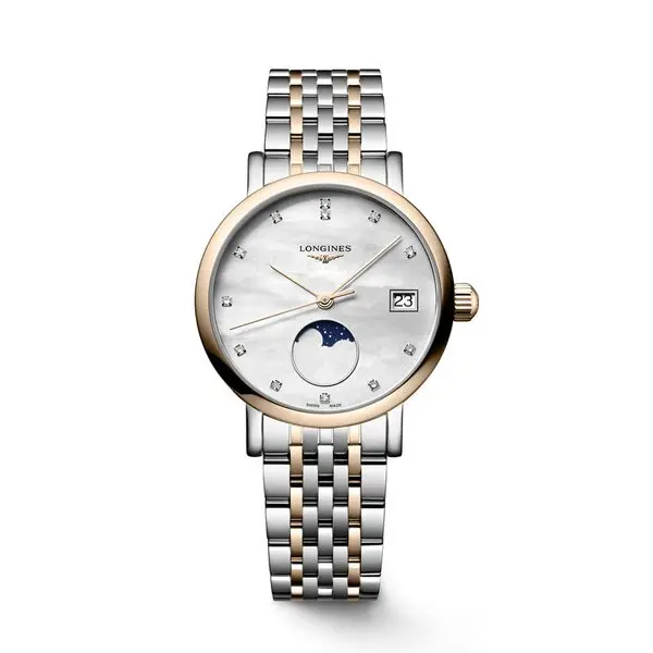 LONGINES Elegant Collection Moonphase Mother Of Pearl Dial Watch - 18k Stainless Steel