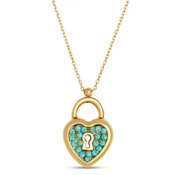 TOSCANO 14k Yellow Gold Turquoise Bead Padlock Pendant Necklace - Yg
