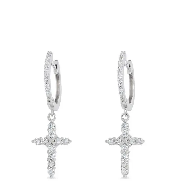 Benbridge 14k White Gold Diamond Cross Dangle Hoop Earrings - Wg