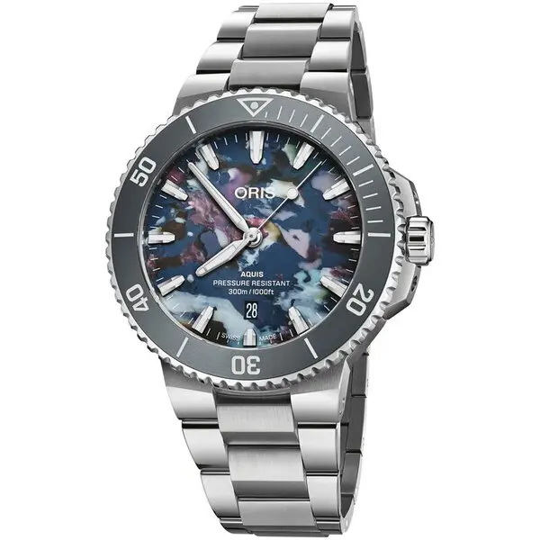 ORIS Aquis Date Upcycle Multicolored Dial Watch, 43 Mm - Silver