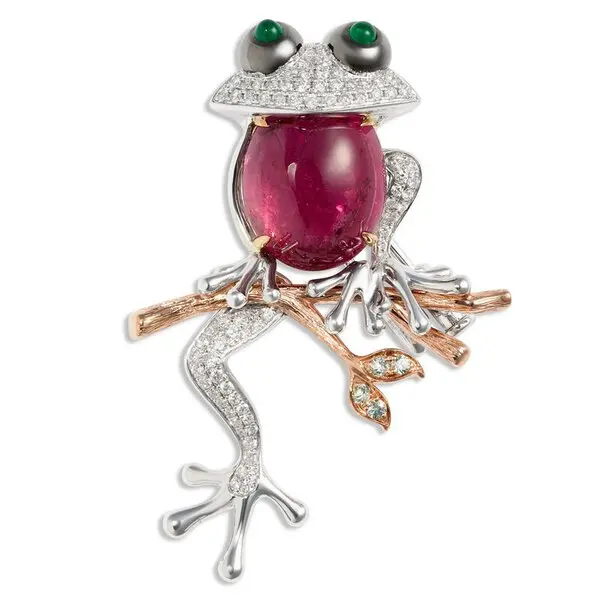 Benbridge Frog Brooch With Diamonds And Multicolored Sapphires - Red
