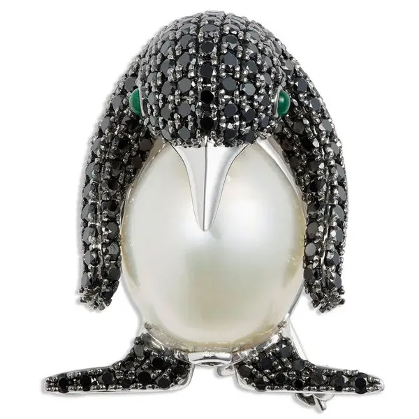 Benbridge Penguin Brooch With Pearl, Emerald, And Black Diamonds - White