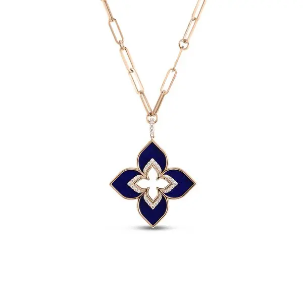 Roberto Coin 18k Rose Gold Venetian Princess Diamond And Lapis Flower Long Necklace - Rg