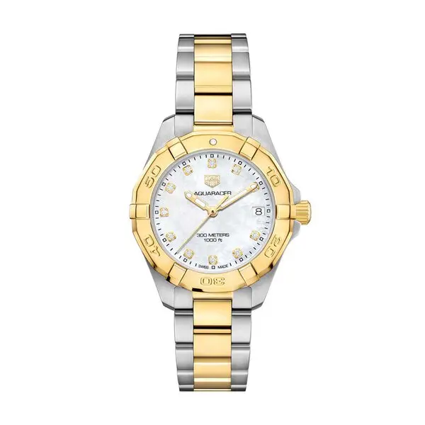 Tag Heuer Aquaracer Quartz Ladies Mother Of Pearl Steel & Yellow Gold Plated Watch, 32mm - Stainless Steel