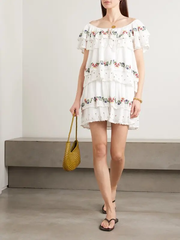 Rixo Leilani Tiered Embroidered Mini Dress