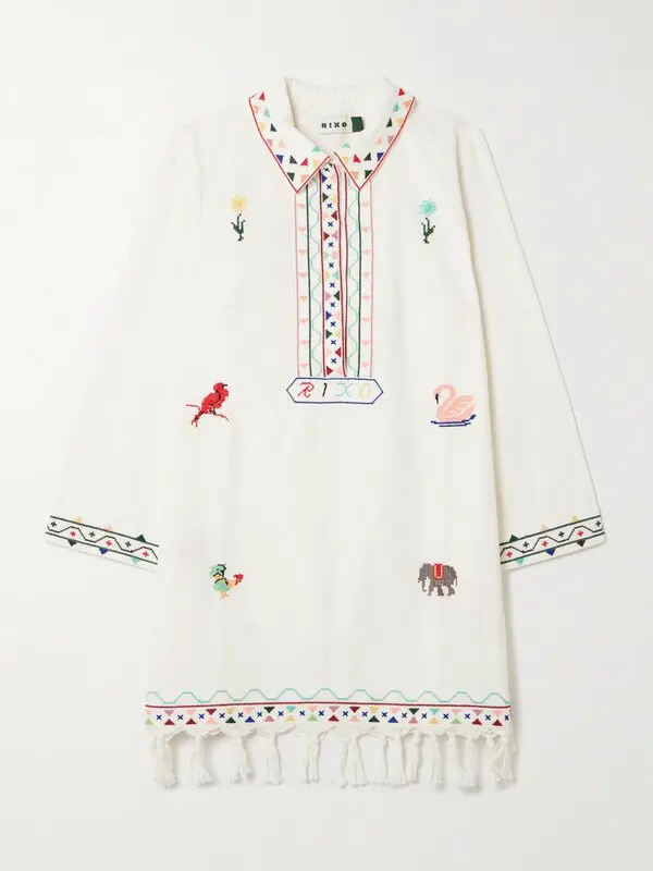 Rixo Astoria Fringed Embroidered Mini Dress - Neutrals