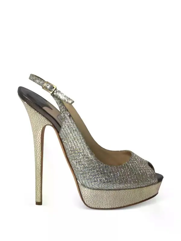 JIMMY CHOO Glitter Platform Slingback Pumps - Silver