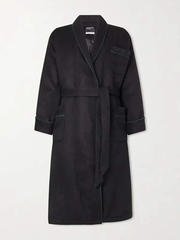 Enfants Riches Déprimés Logo-embroidered Belted Wool And Cashmere-blend Robe - Black