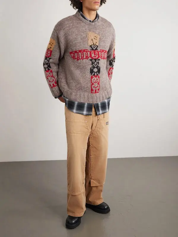 Kapital Peckish Totem Pole Intarsia Wool Sweater - Gray