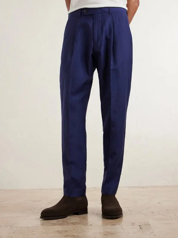 Paul Smith Tapered Pleated Wool And Linen-blend Trousers - Blue