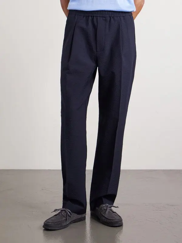 Altea Straight-leg Pleated Wool-blend Seersucker Trousers
