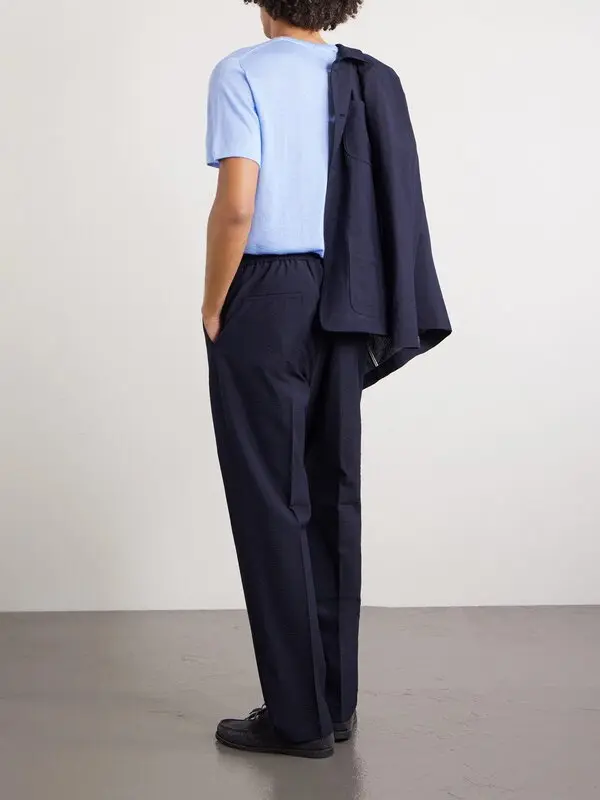 Altea Straight-leg Pleated Wool-blend Seersucker Trousers