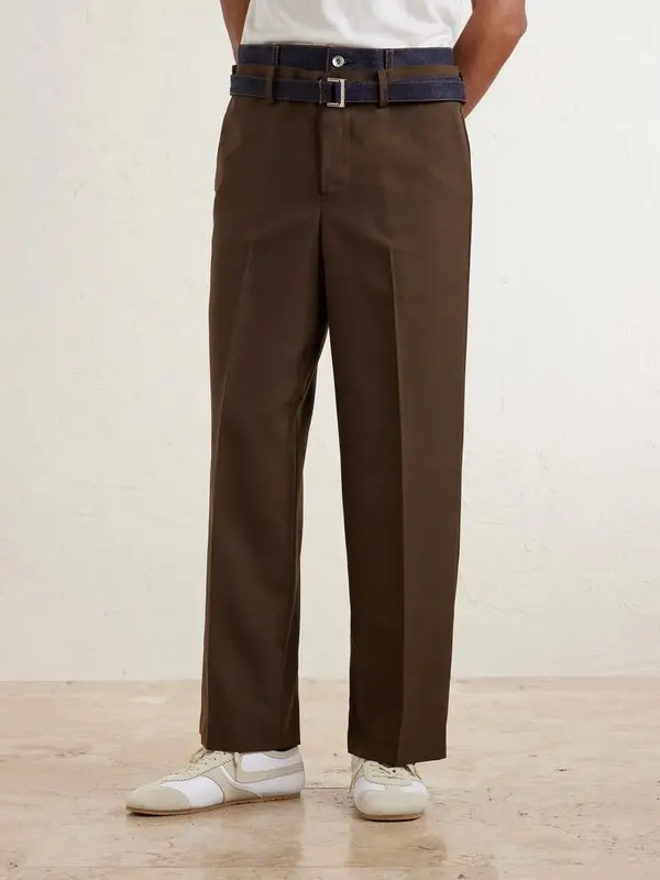 Sacai Straight-leg Denim-trimmed Woven Trousers - Brown