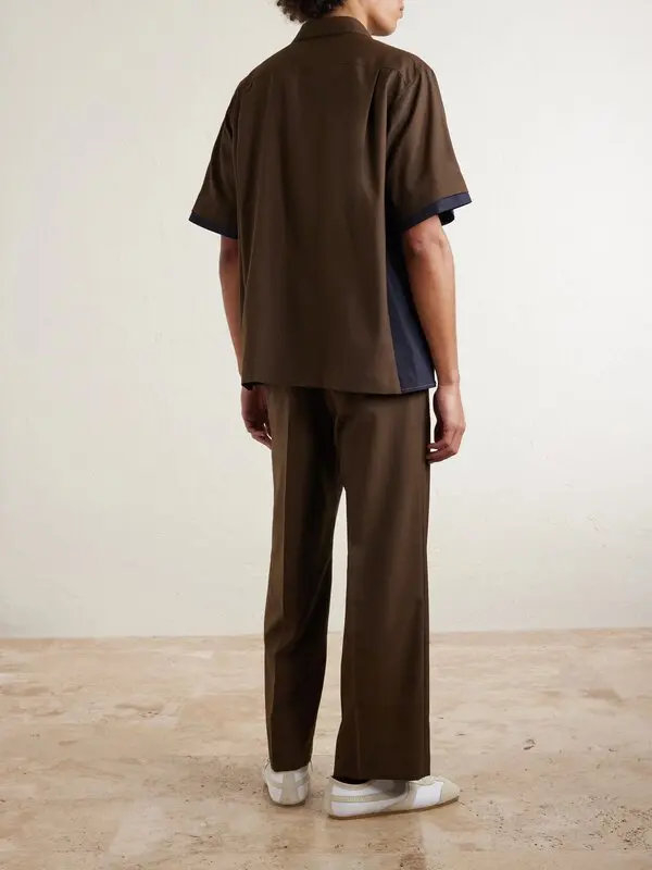 Sacai Straight-leg Denim-trimmed Woven Trousers - Brown