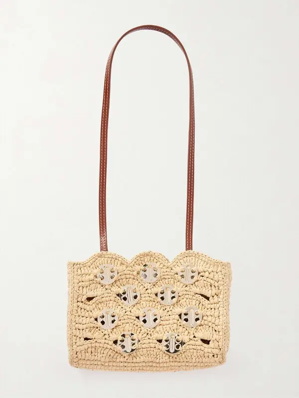 Rabanne Leather-trimmed Studded Raffia Shoulder Bag
