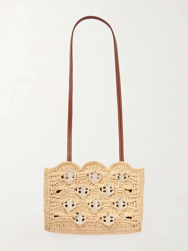 Rabanne Leather-trimmed Studded Raffia Shoulder Bag