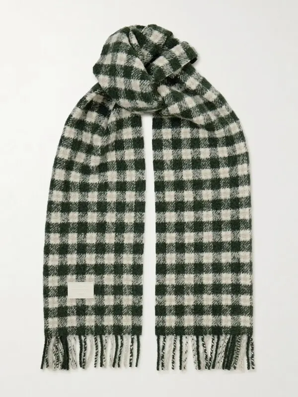 Acne Studios Fringed Leather-trimmed Checked Brushed-knit Scarf - Green