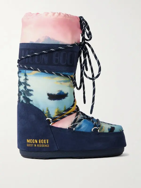 Moon Boot Guest In Residence Icon Postcard Suede-trimmed Printed Shell Snow Boots - Blue