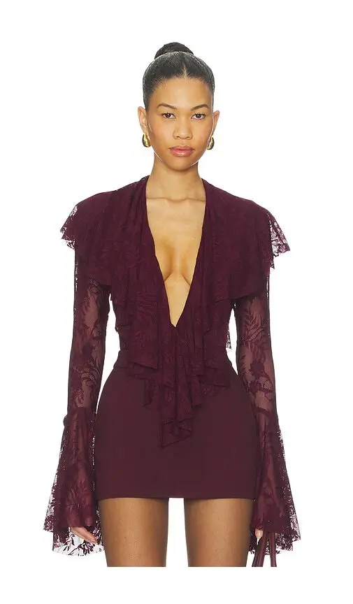 Norma Kamali Long Sleeve Deep V Ruffle Bodysuit - Plum
