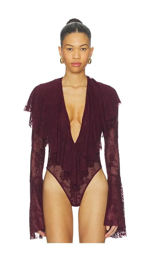 Norma Kamali Long Sleeve Deep V Ruffle Bodysuit - Plum